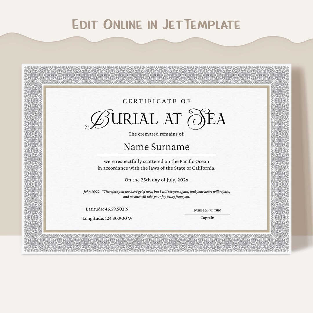 Certificate of Burial at Sea, Sea Scattering Ashes, Memorial Ashes at ...