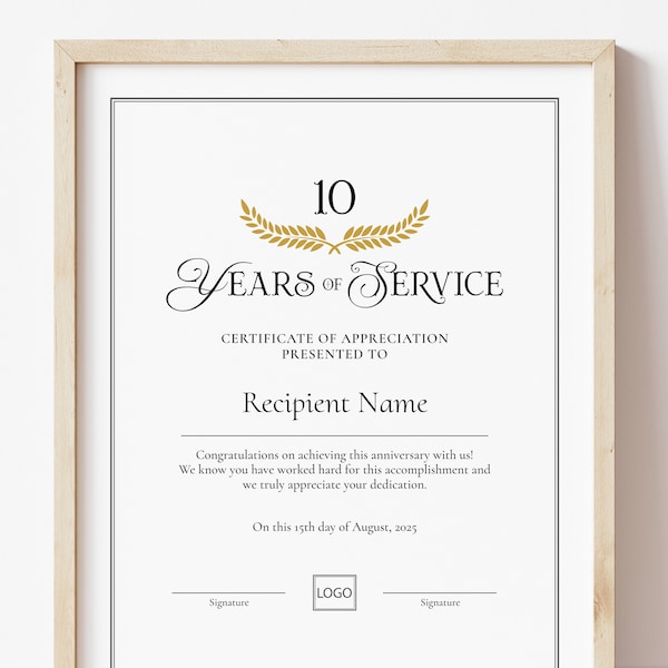 10 Years of Service Certificate - Etsy