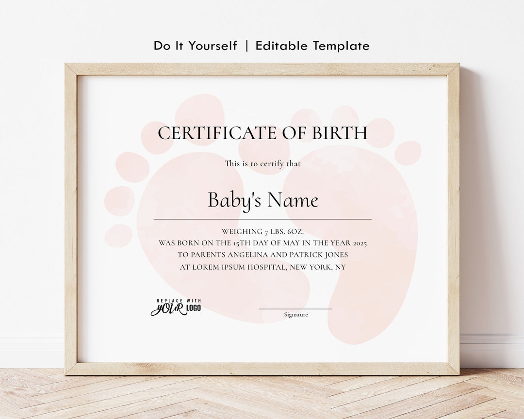 Baby Birth Certificate, Editable Birth Certificate Template, Minimalist ...