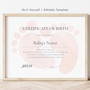 Baby Birth Certificate, Editable Birth Certificate Template, Minimalist ...