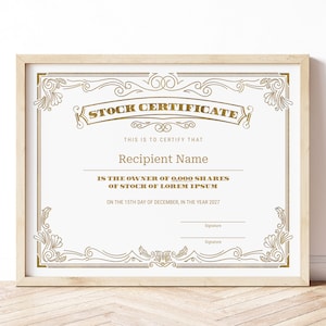 EDITABLE Stock Certificate Template, Printable Certificate of Stock ...