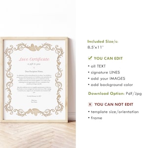 Certificate of Love Couple Gift Keepsake, Personalized Valentines Day ...