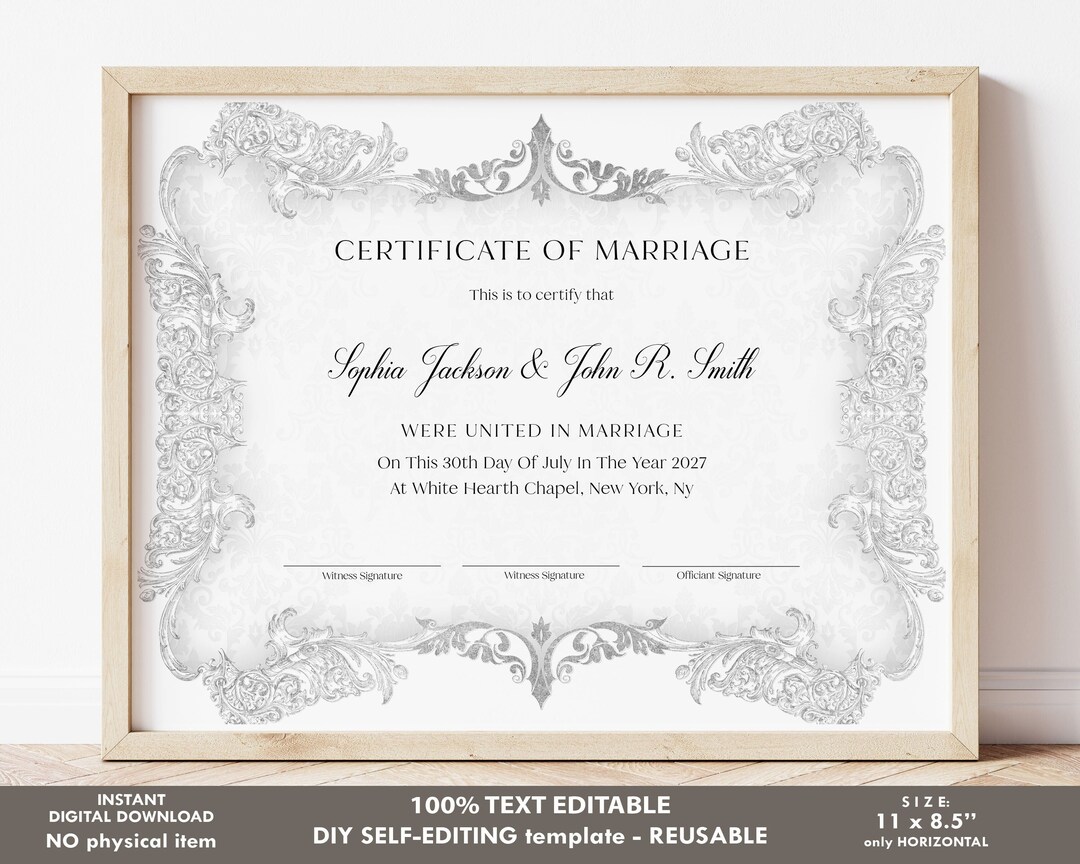 Elegant Marriage Certificate Template Editable Certificate Of Etsy