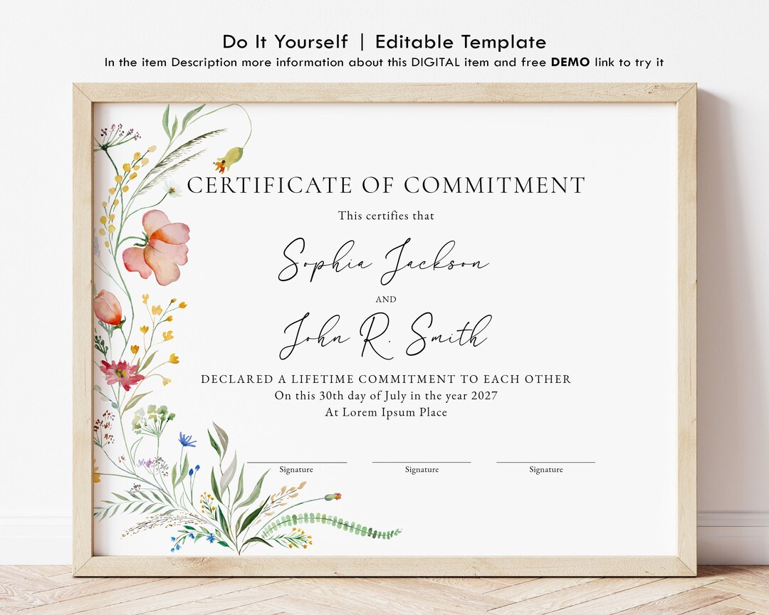 Editable Commitment Certificate Template, Printable Marriage Vow Renewal Certificate ...