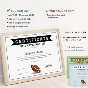 American Football Certificate Template, Editable Football Award ...