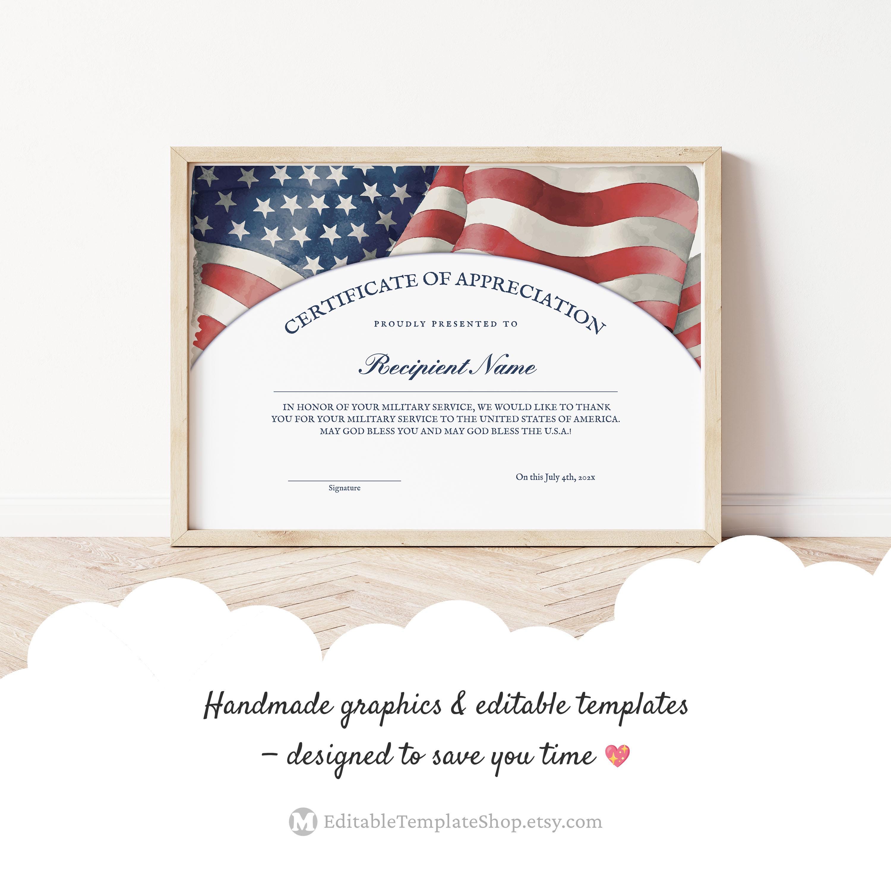 American Appreciation Certificate, Honoring Military Service ...