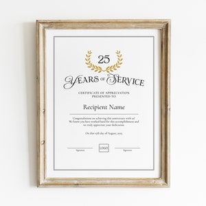 25 Years of Service Anniversary Award Certificate of Appreciation ...