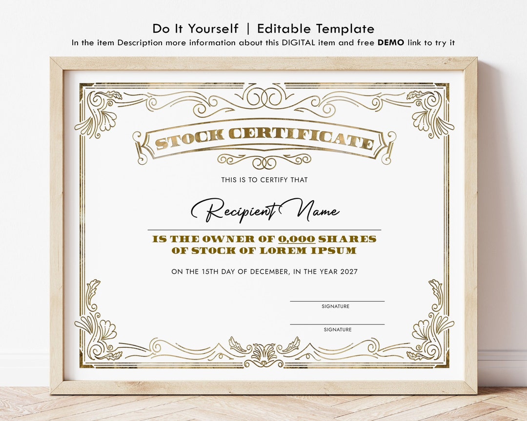EDITABLE Stock Certificate Template, Printable Certificate of Stock ...