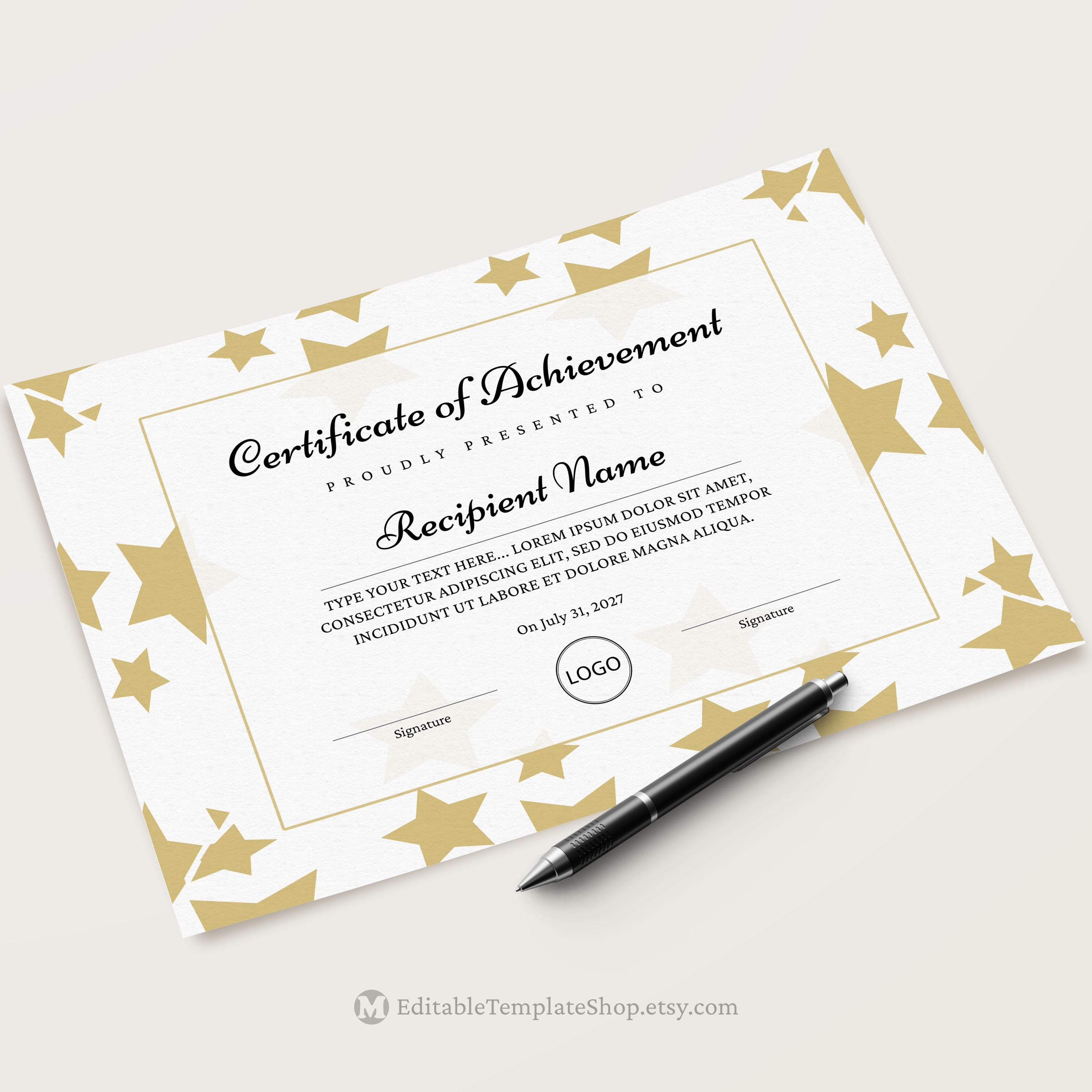 Editable Certificate of Achievement Award Certificate Template ...