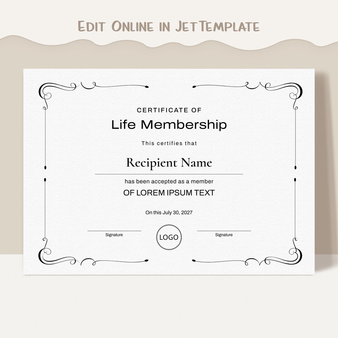 Life Membership Certificate Template, Editable Printable Elegant ...