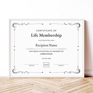 Life Membership Certificate Template, Editable Printable Elegant ...