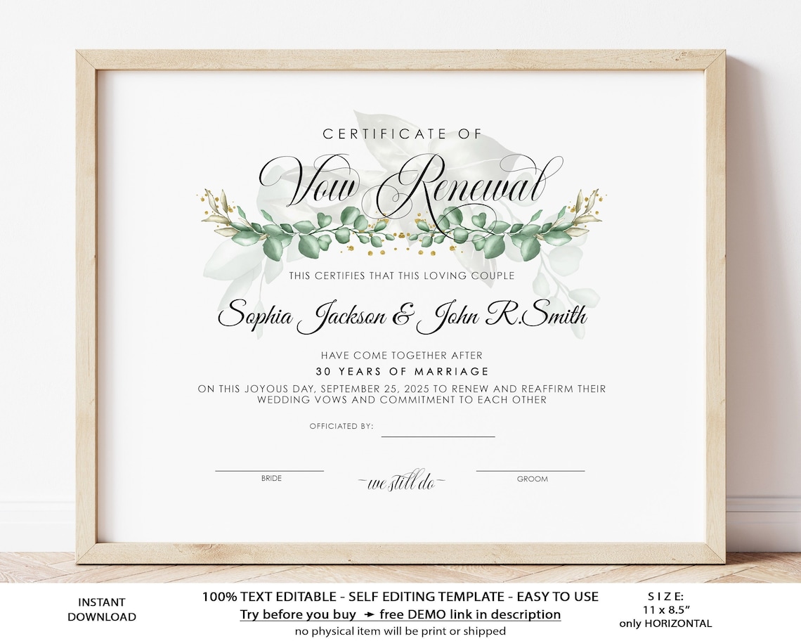Vow Renewal Certificate Editable Printable Wedding - Etsy
