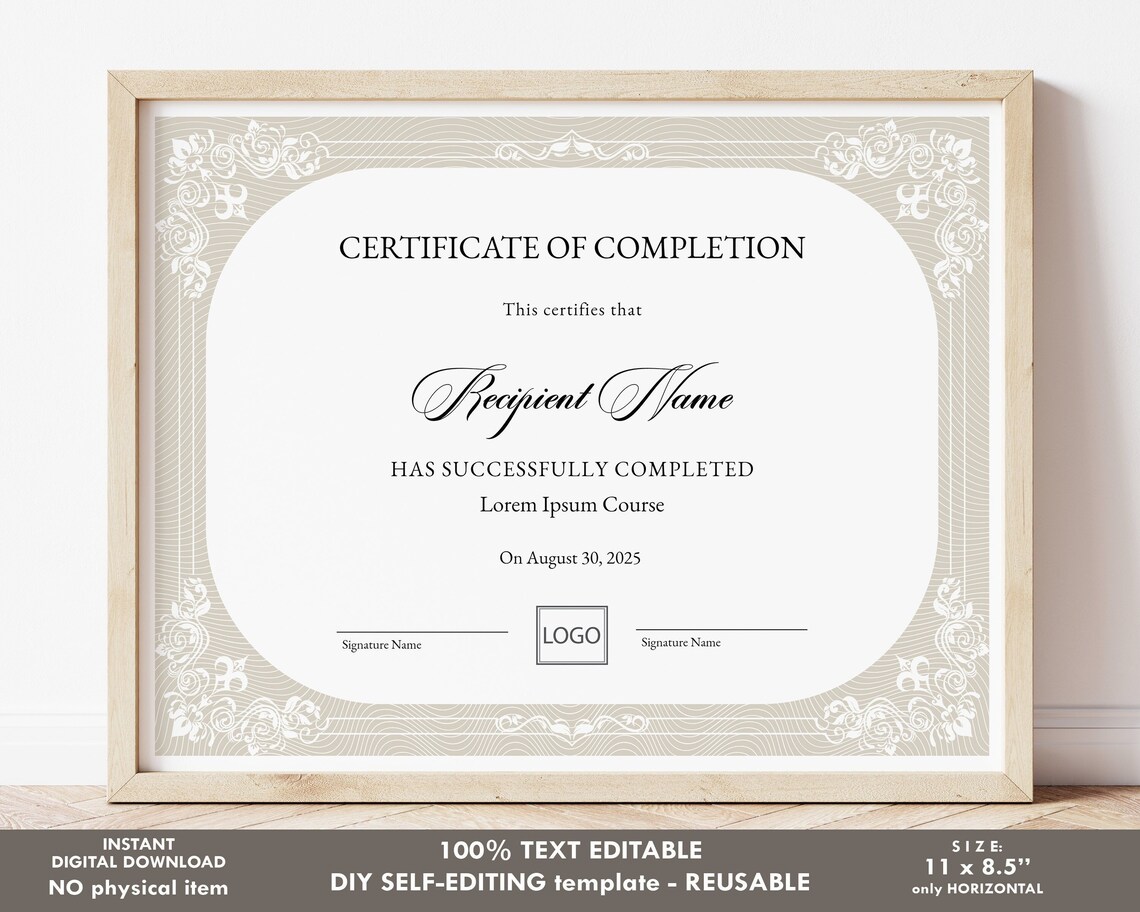 Editable Certificate of Completion Template Printable - Etsy