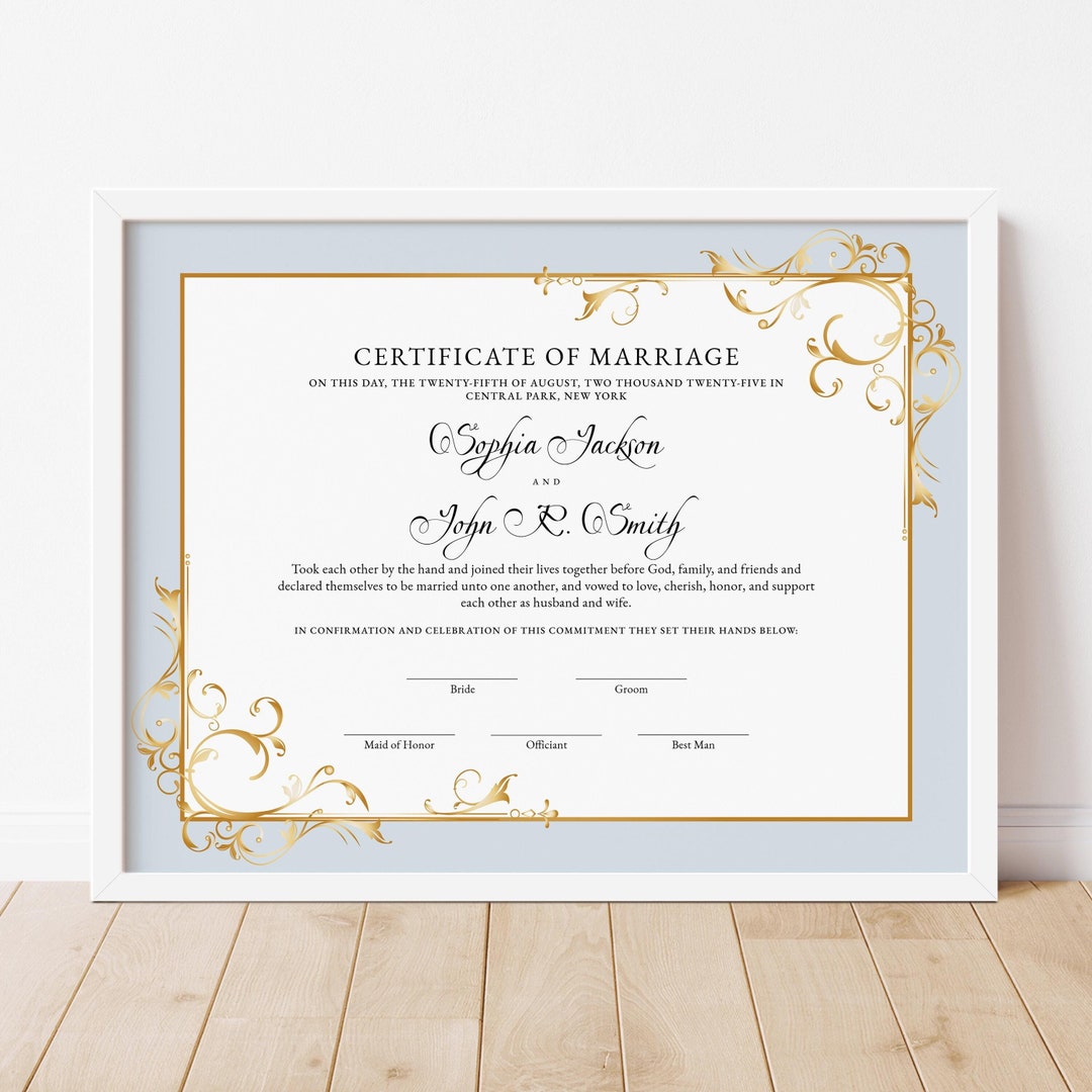 Romantic Wedding Certificate of Marriage Editable Template Custom ...