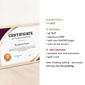 Editable Basketball Certificate Template Sports Basketball Award ...