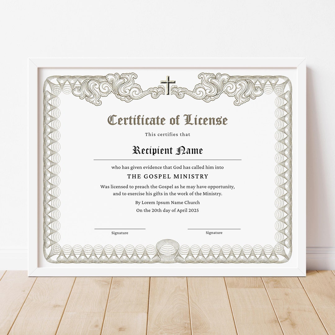 Editable License to Preach Template, Printable Certificate of License ...