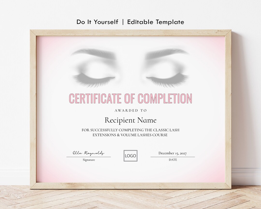 Certificate of Completion Eyelash Extension EDITABLE Printable Lashes ...