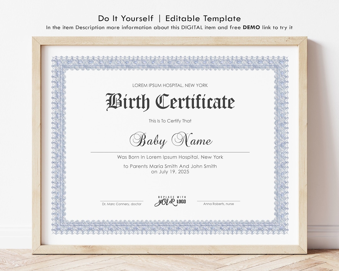 Birth Certificate Template Printable Certificate of Birth Baby Boy Gift ...