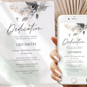 Dedication Invitation Template, Baptism Phone Invitation, Gold Green ...