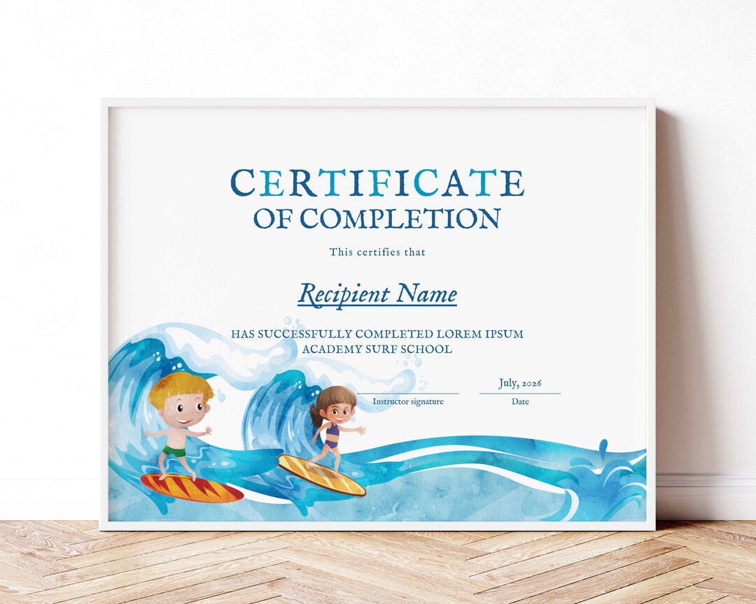 EDITABLE Surf Certificate Template, Surf School Award for Kids, Sports ...