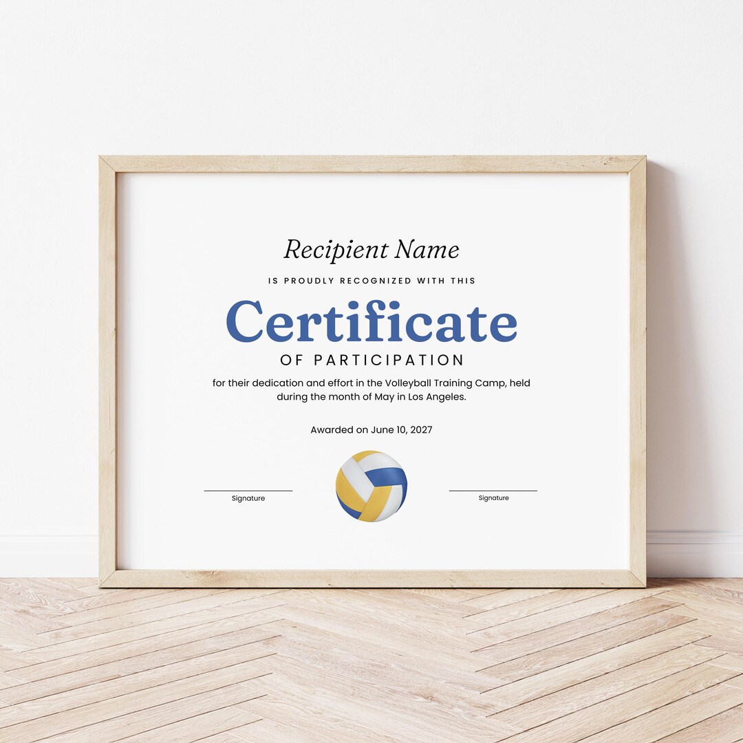 Volleyball Certificate of Participation Editable Volleyball Award ...
