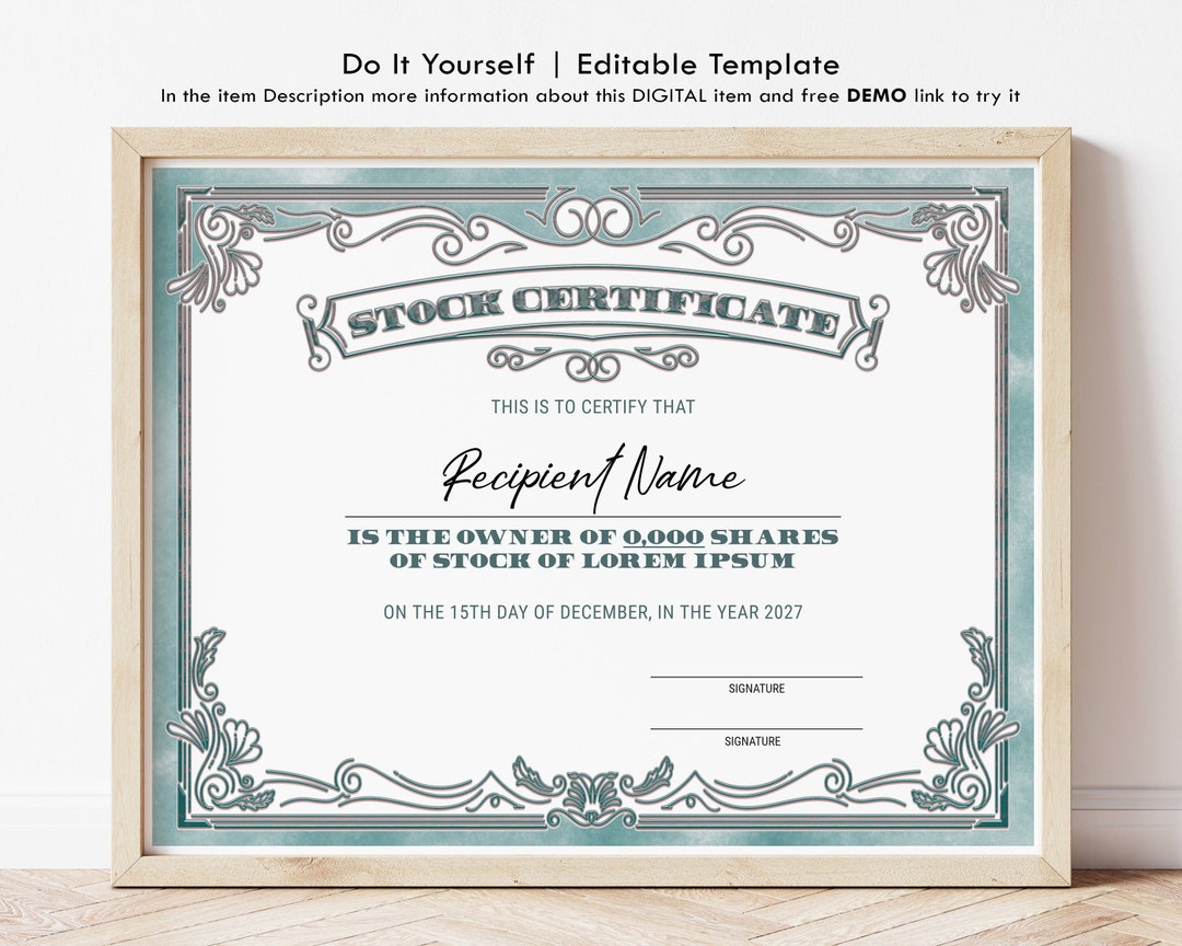 EDITABLE Stock Certificate Template Printable Certificate of - Etsy