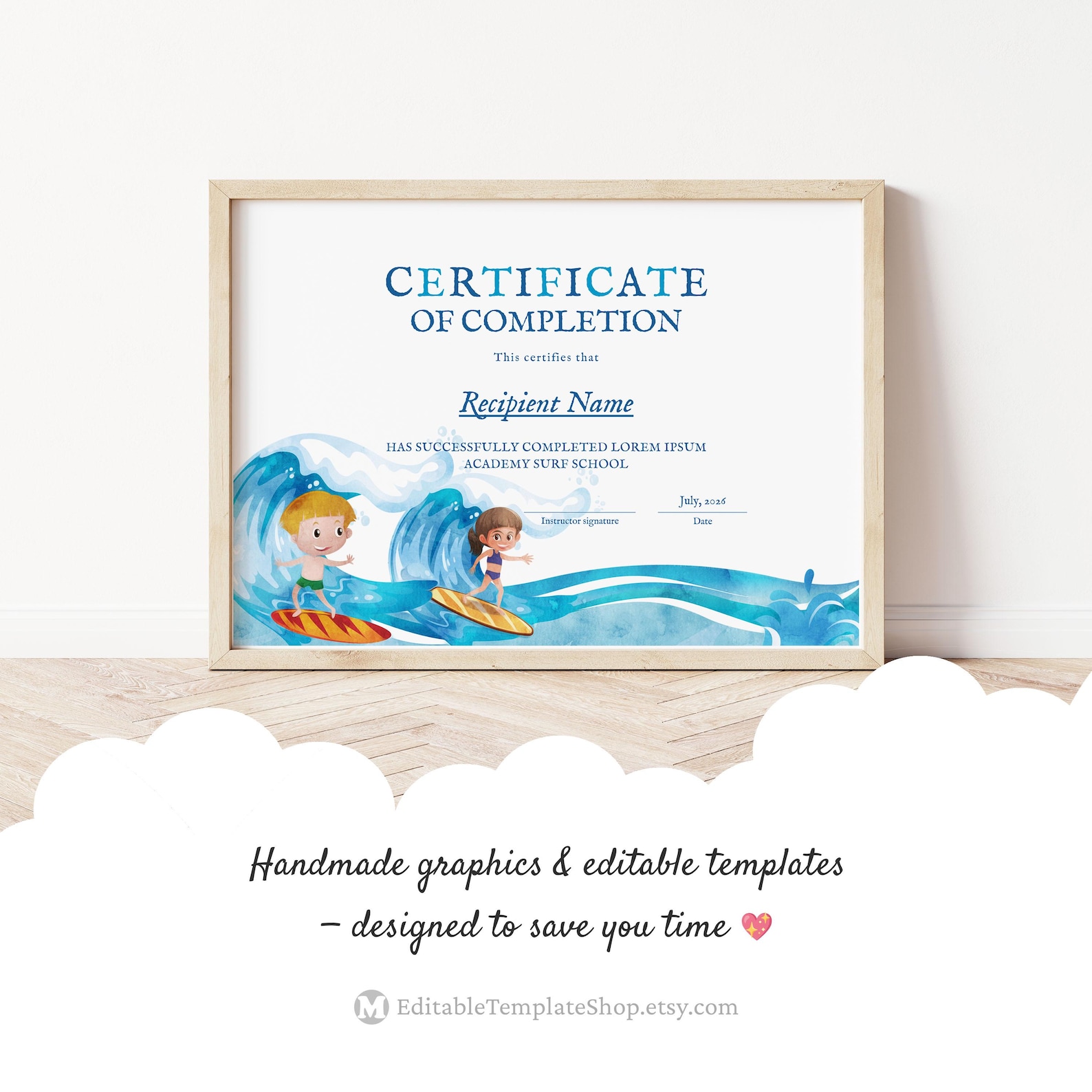 EDITABLE Surf Certificate Template, Surf School Award for Kids, Sports ...