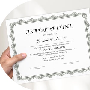 Editable License to Preach Template, Printable Certificate of License ...