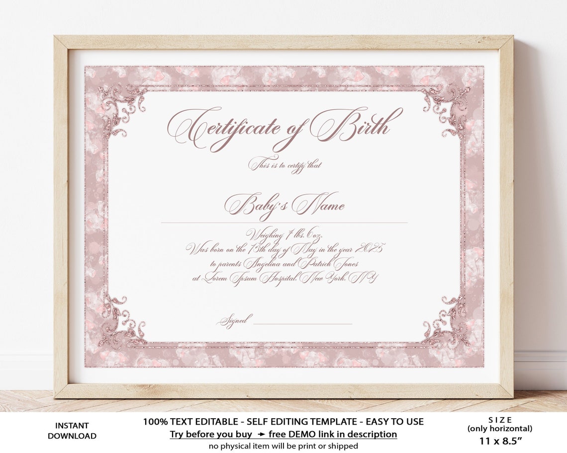 Editable Birth Certificate Template Printable Baby Girl Gift - Etsy