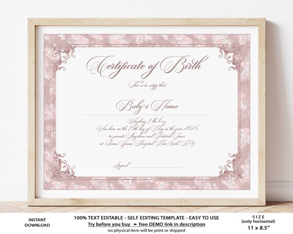 Editable Birth Certificate Template Printable Baby Girl Gift | Etsy Canada