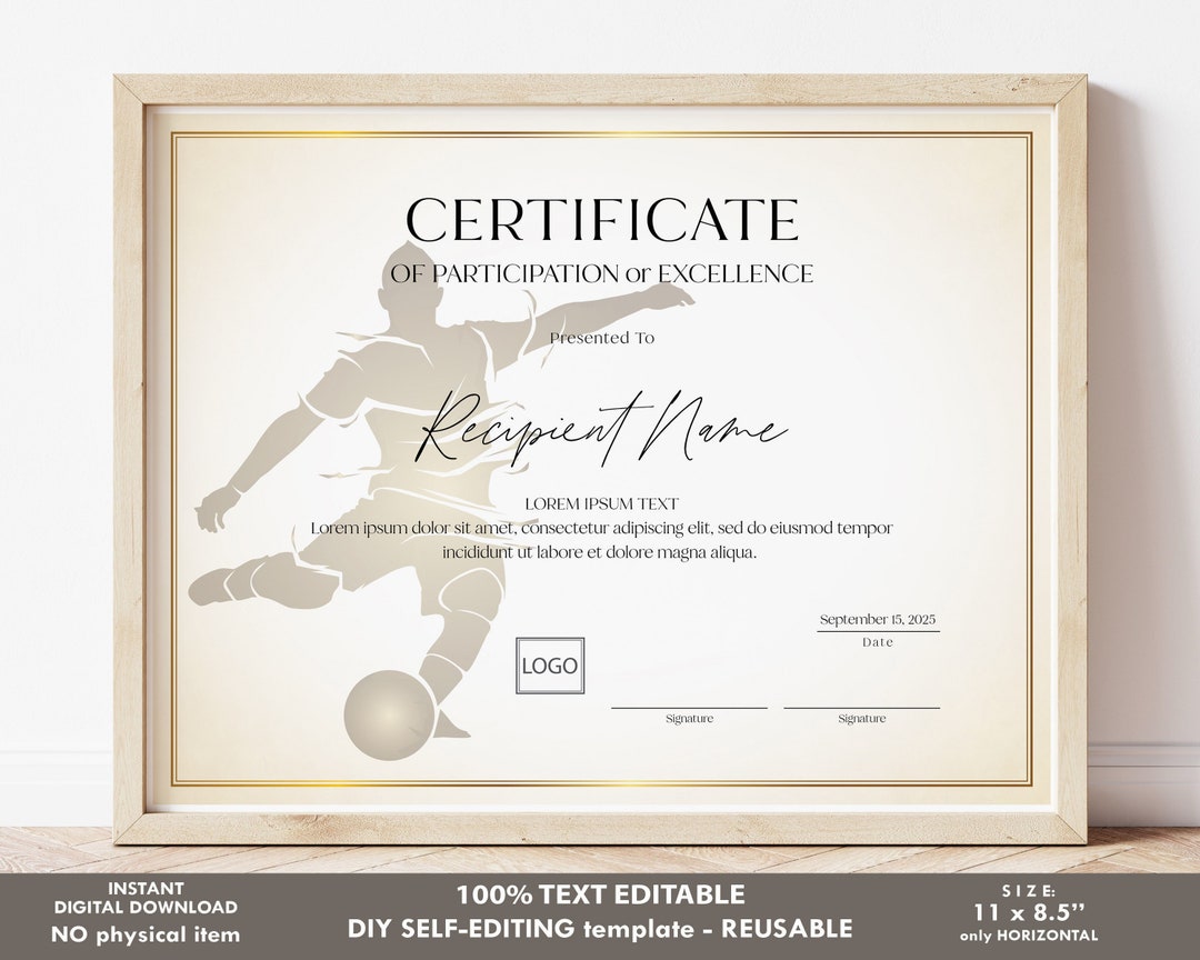 Soccer Football Certificate Template, Sports Certificate Award Editable ...