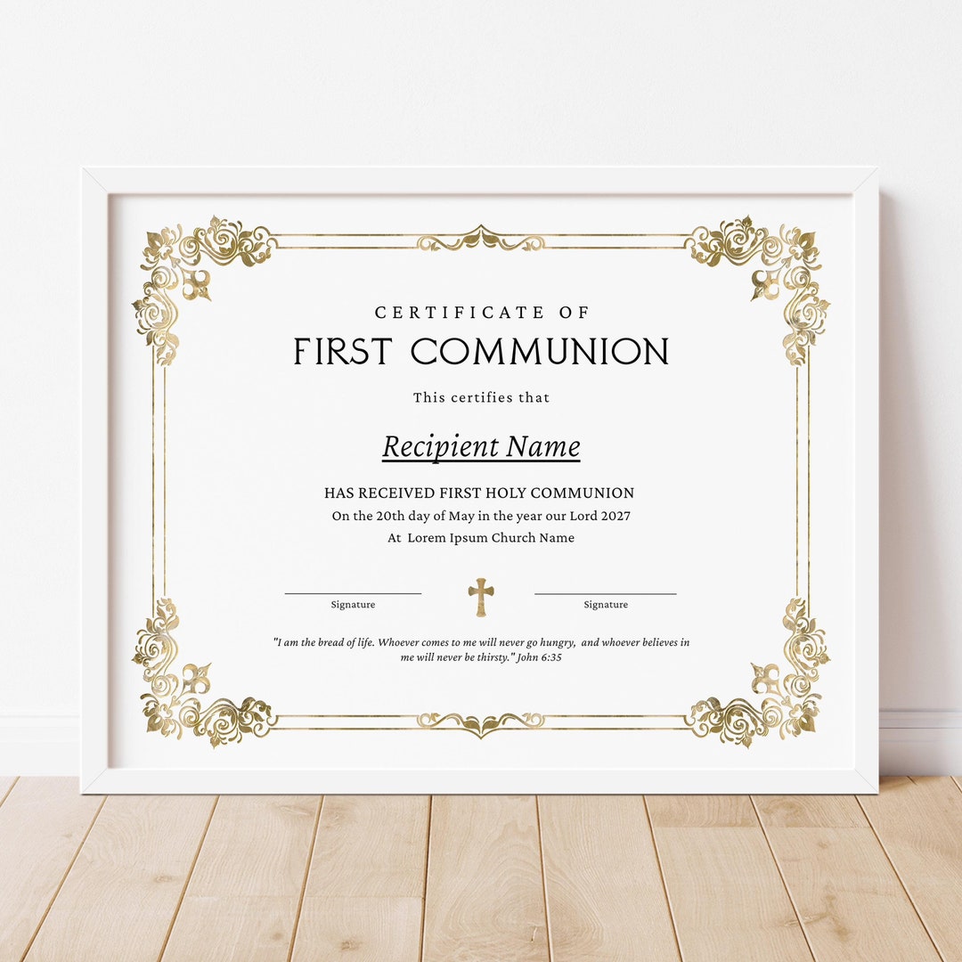 First Communion Certificate Template Editable Printable Gold ...