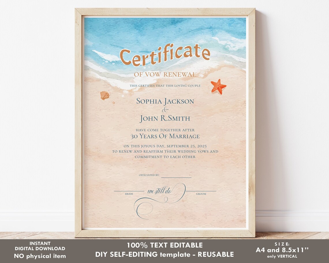 Beach Vow Renewal Certificate Template Editable Summer Beach - Etsy