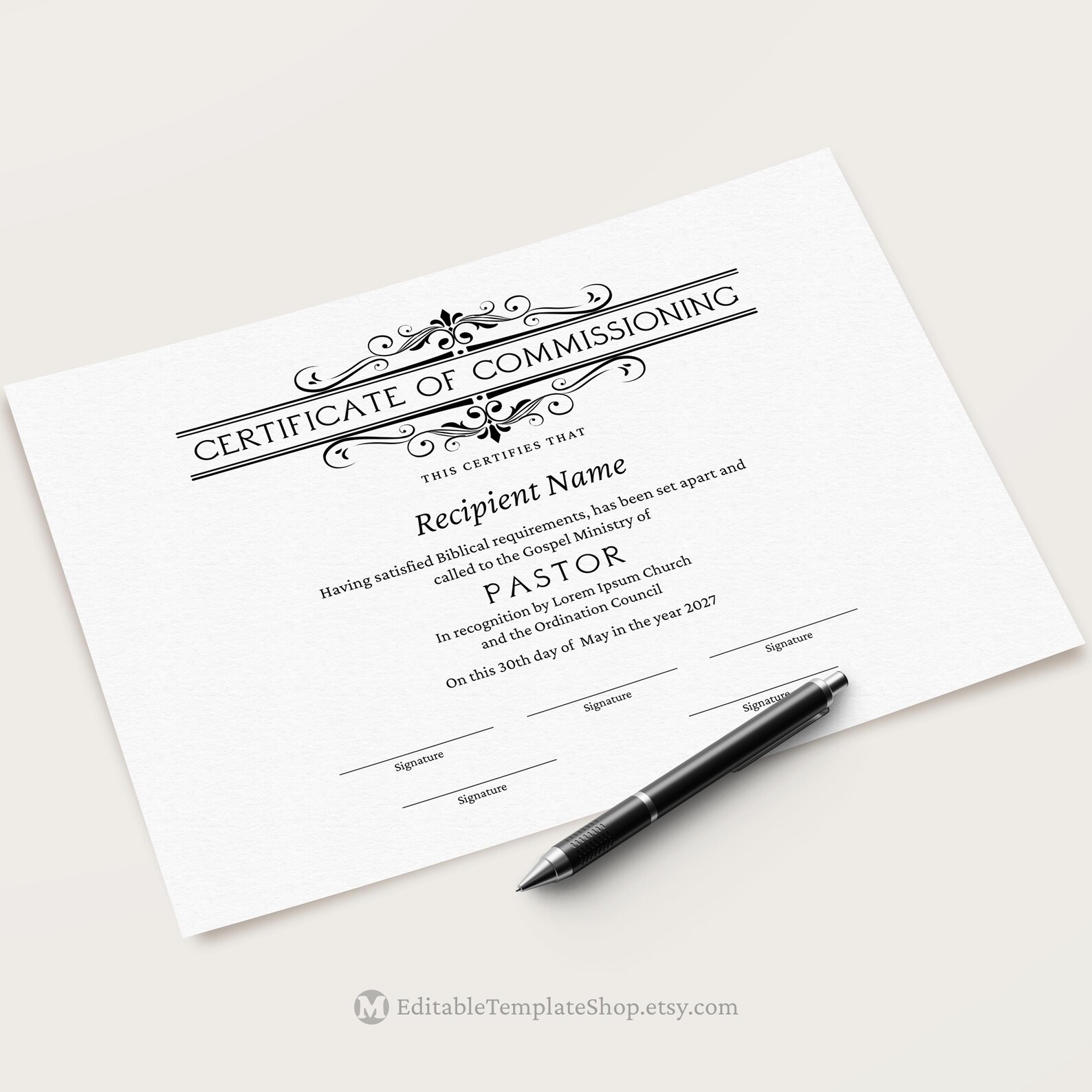 Editable Certificate of Commissioning, Printable Pastor Installation ...