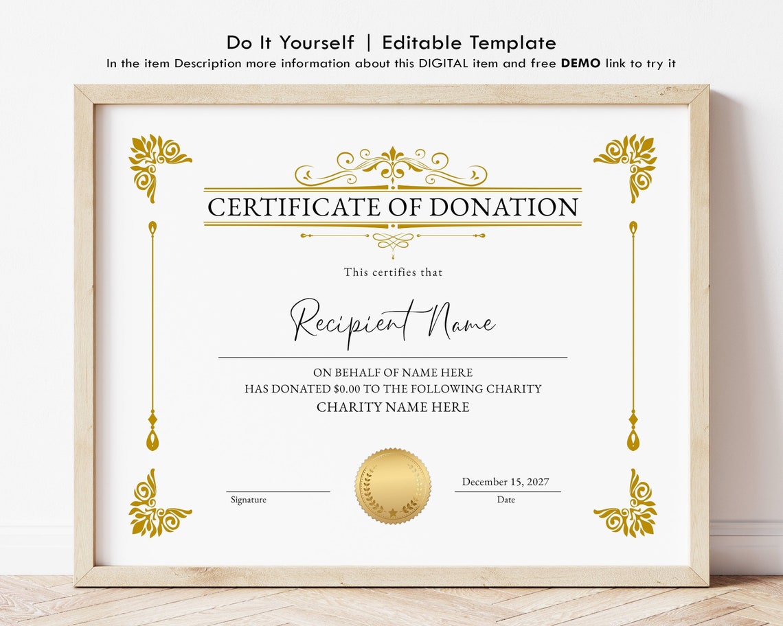 Editable Certificate of Donation Template Printable Charity - Etsy