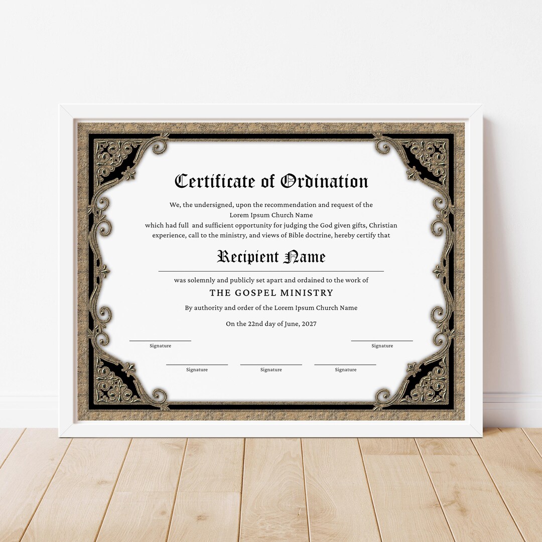 Editable Ordination Certificate Template, Printable Certificate of ...