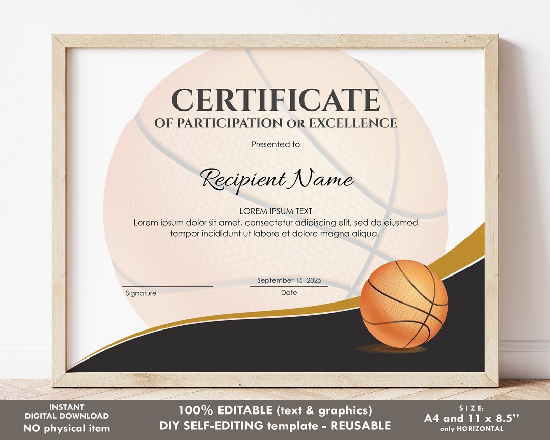 Editable Basketball Certificate Template Sports Certificate - Etsy Canada