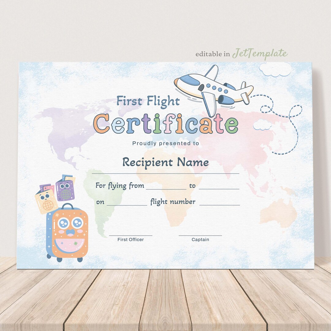 My First Flight Certificate Template Award Certificate for Kids Travel ...