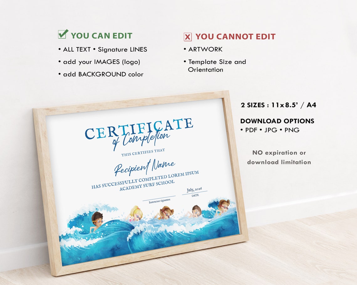 EDITABLE Swimming Certificate Template Kids Sports Swimming - Etsy