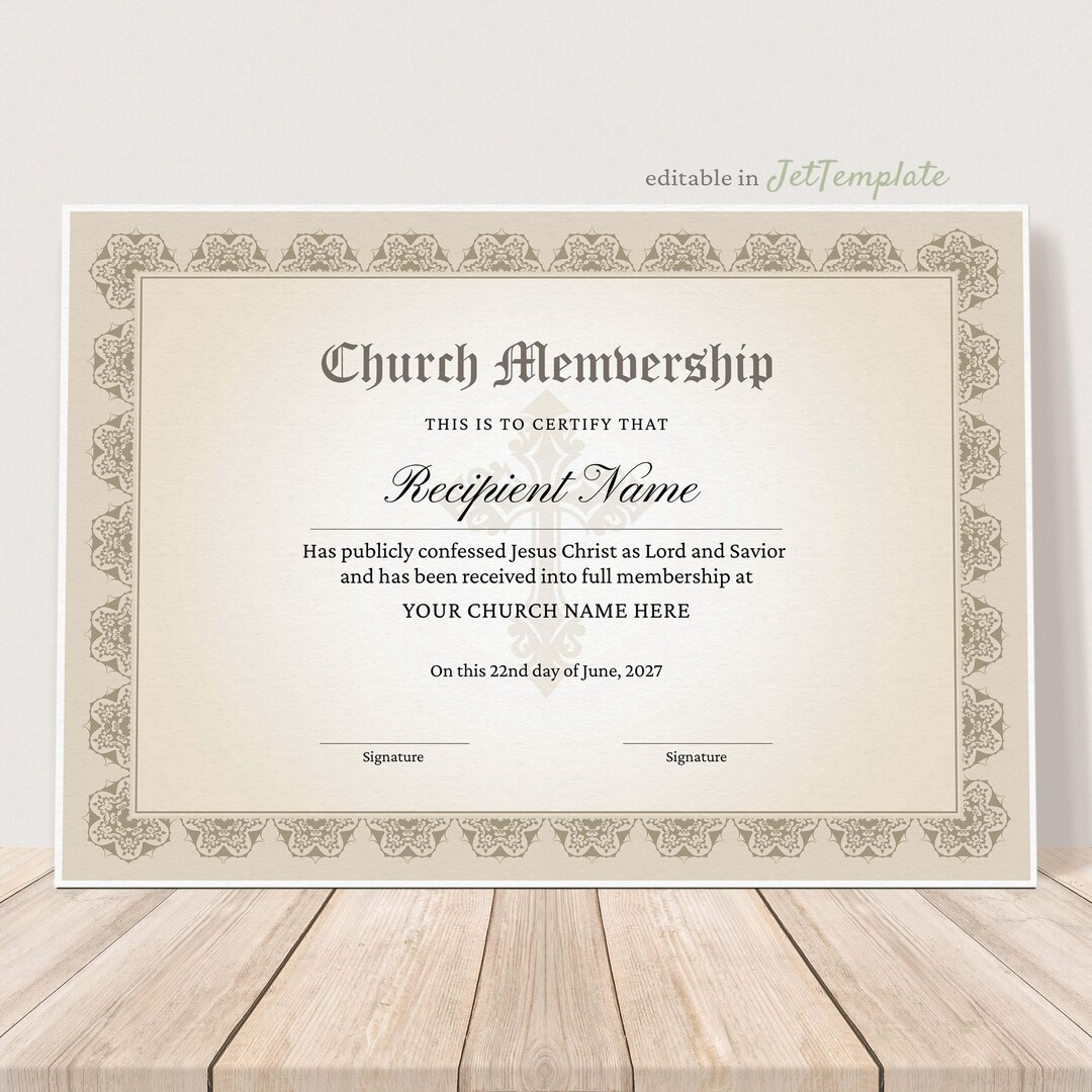 Church Membership Certificate Template, Editable Printable Certificate ...