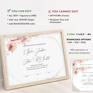 Boho Floral Marriage Certificate Template, Watercolor Calla Lily ...
