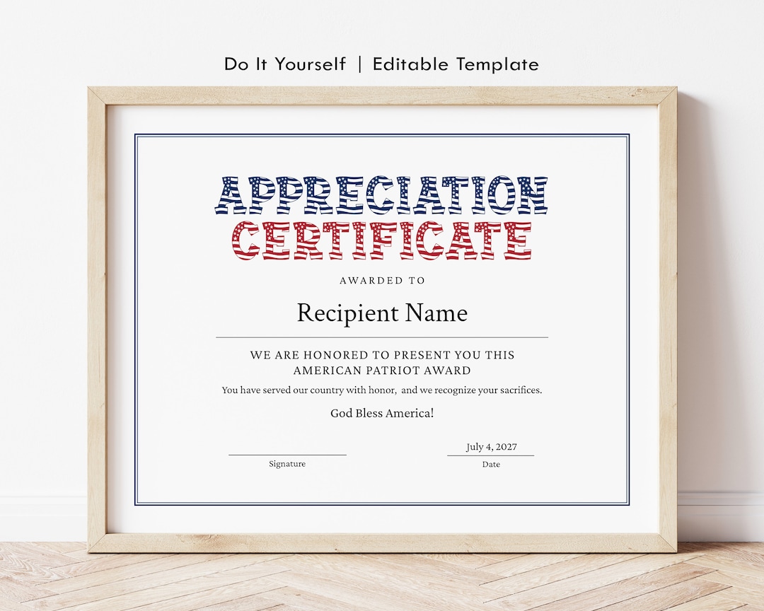 Editable Veterans Appreciation Certificate, 4th of July Certificate ...