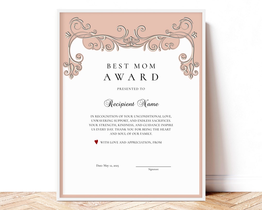 Editable Best Mom Award, Mother's Day Certificate Template ...