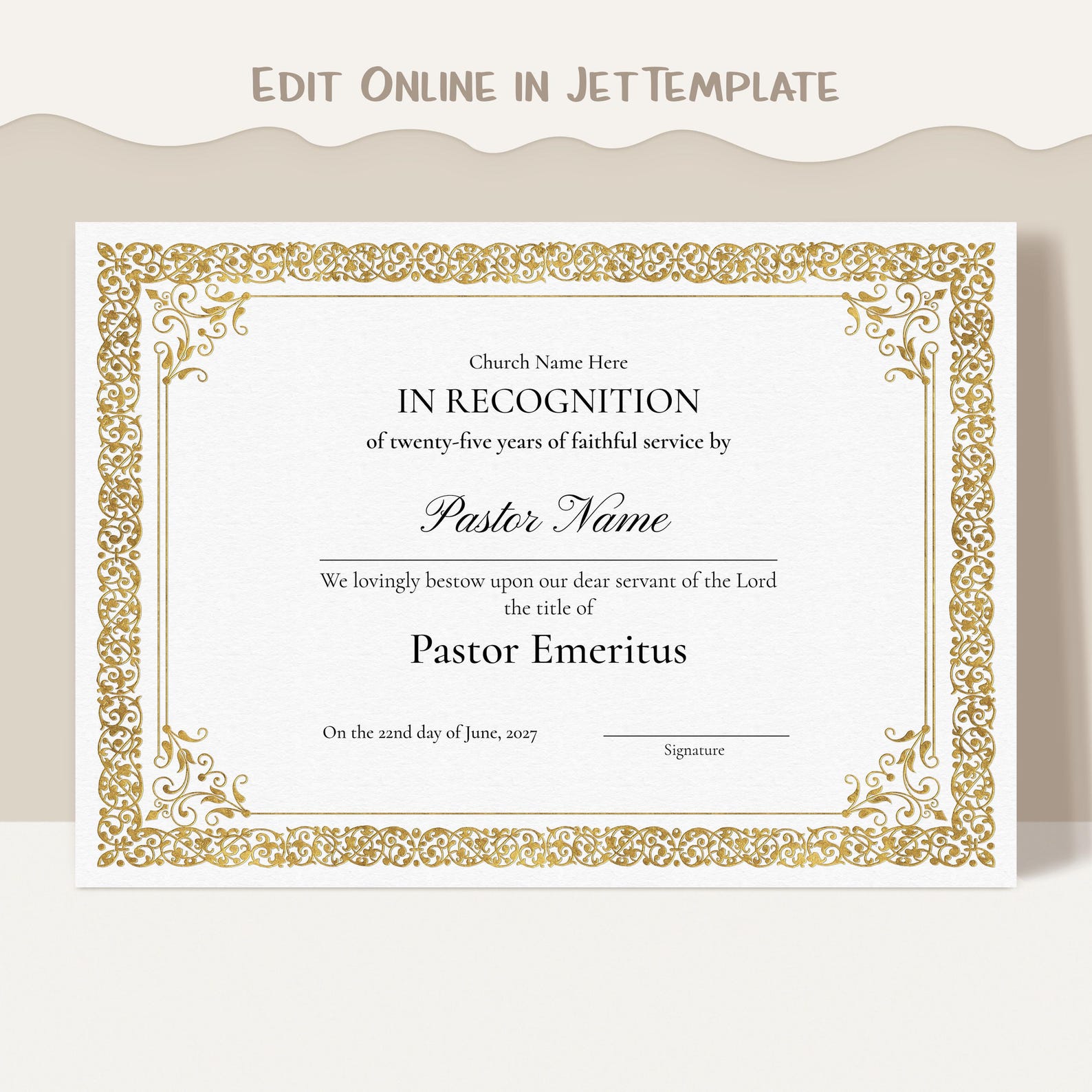 Pastor Emeritus Church Recognition Certificate Template, Church Award ...