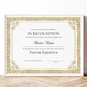 Pastor Emeritus Church Recognition Certificate Template, Church Award ...