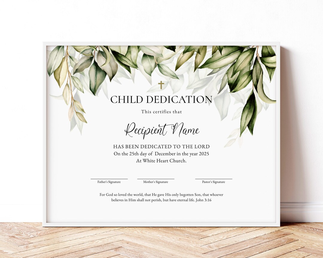 Greenery Child Dedication Certificate Template, Baby Dedication ...