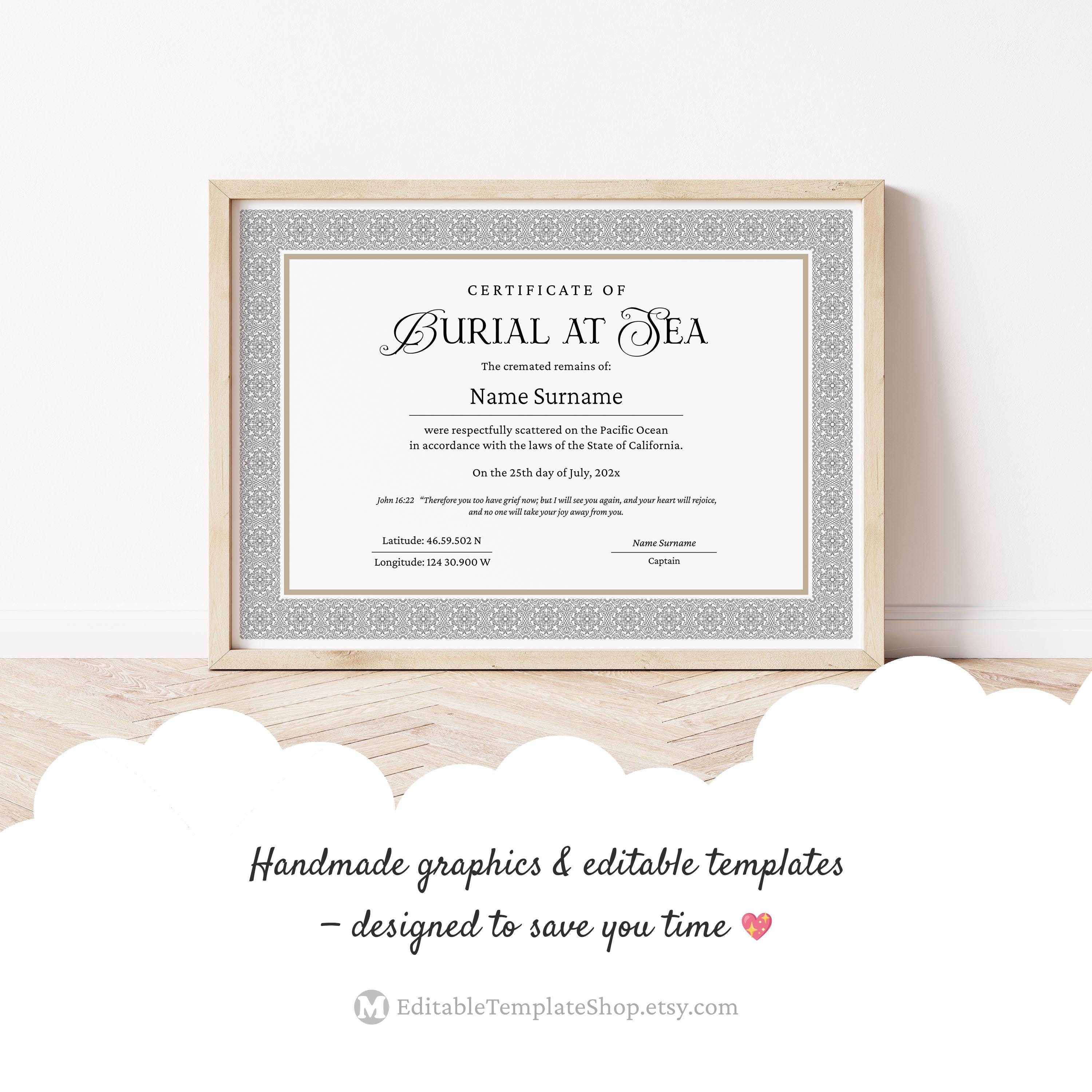 Certificate of Burial at Sea, Sea Scattering Ashes, Memorial Ashes at ...