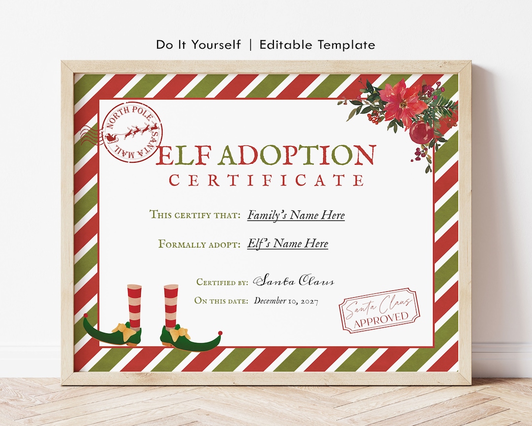 Elf Adoption Christmas Award Certificate Template, Editable Christmas ...