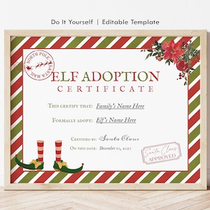 Elf Adoption Christmas Award Certificate Template, Editable Christmas ...