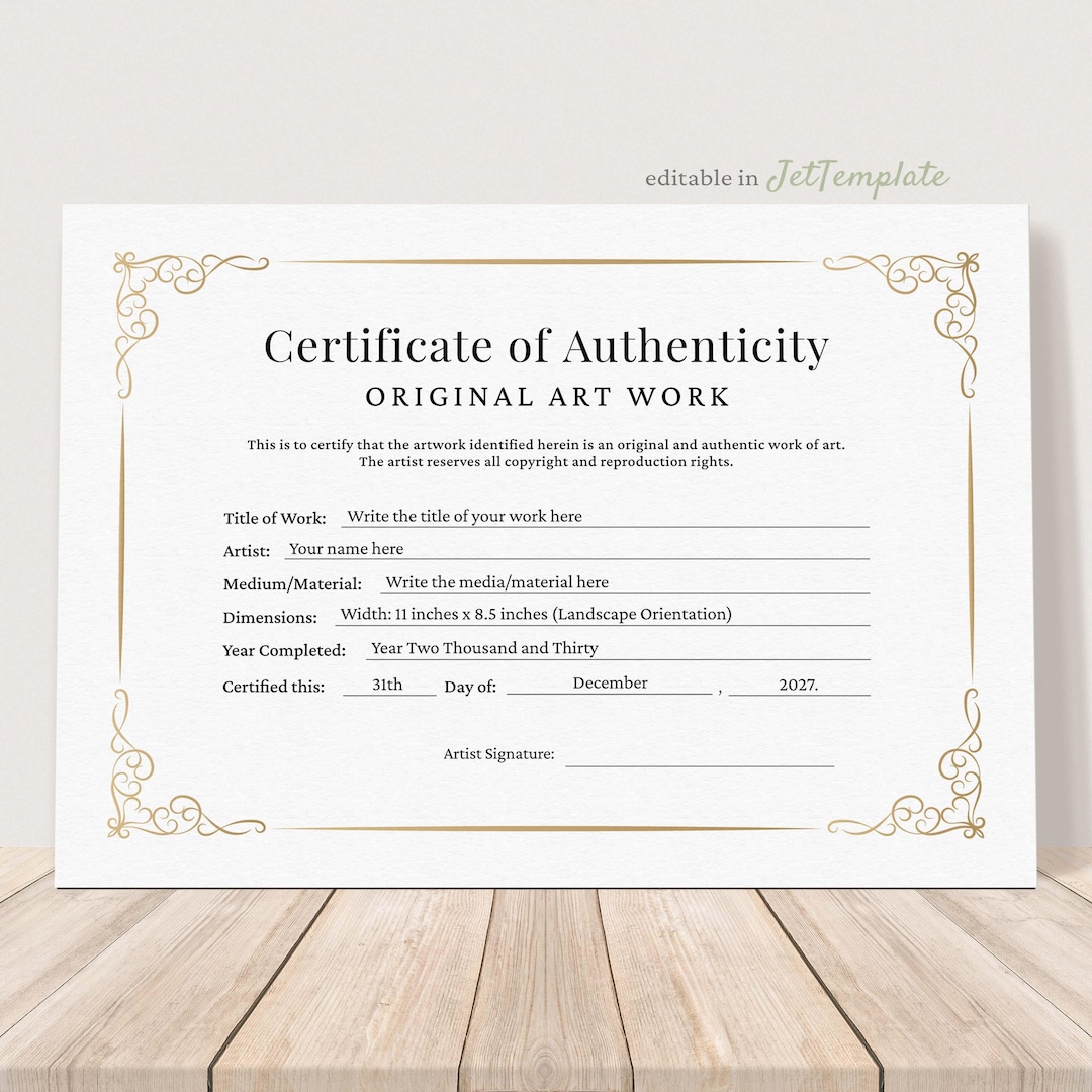 Editable Certificate of Authenticity Template, Printable COA Template ...